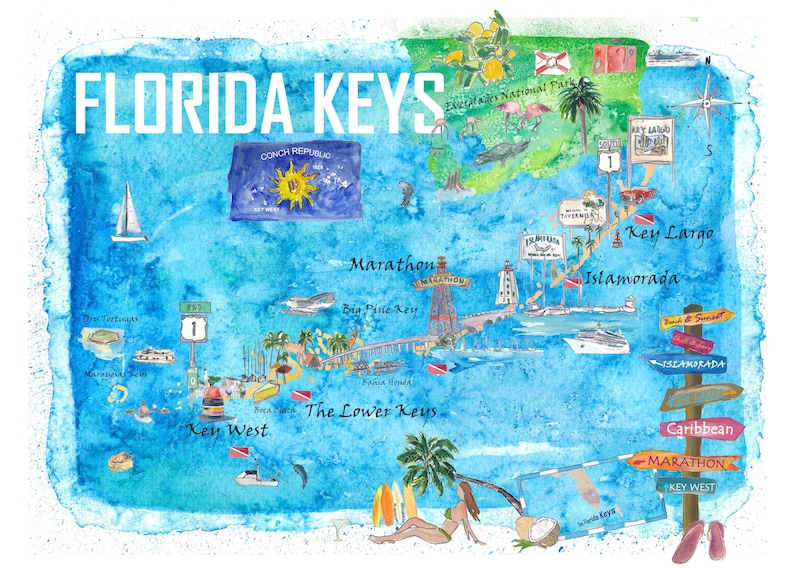 Florida Keys Key West Marathon Key Largo Illustrated Travel - Etsy
