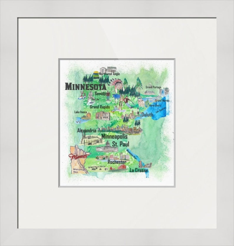 USA Minnesota State Illustrated Travel Poster Map With Touristic ...