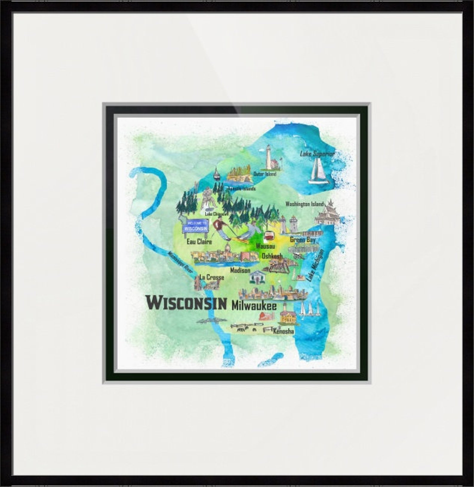 USA Wisconsin State Illustrated Travel Poster Map with Tourist | Etsy