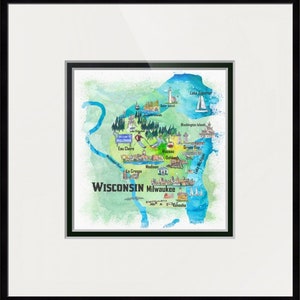 USA Wisconsin State Illustrated Travel Poster Map With Tourist ...