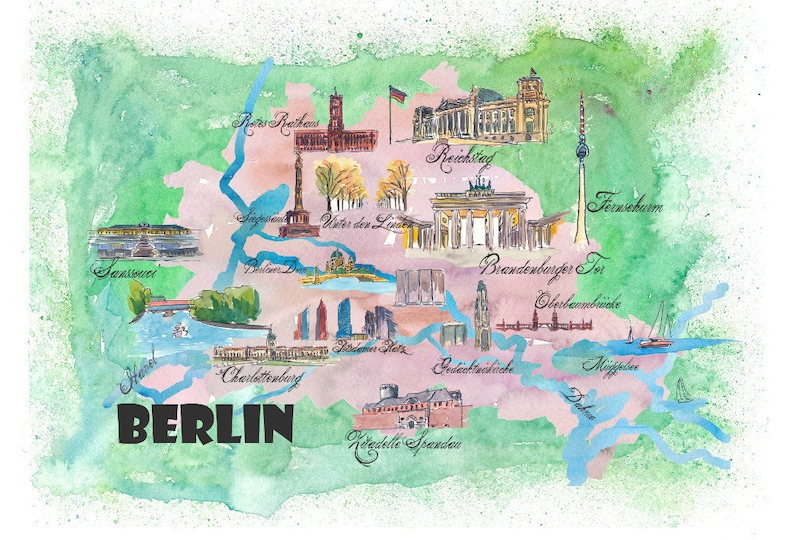 Berlin Favorite Map With Touristic Top Ten Highlights Fine | Etsy