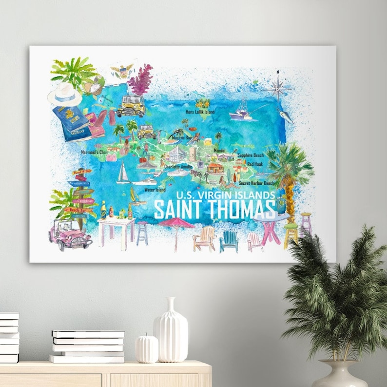 Saint Thomas USVI Illustrated Travel Map With Roads and Tourist ...