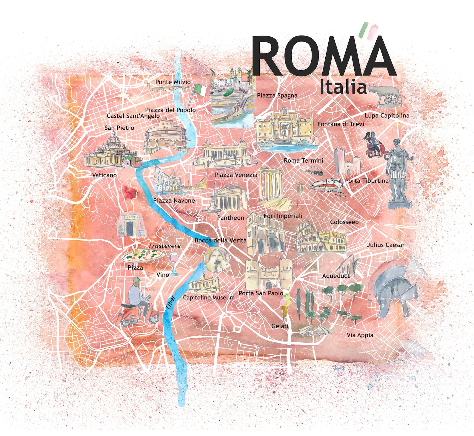 Rome Italy Illustrated Map With Landmarks, Main Roads and Highlights - Etsy