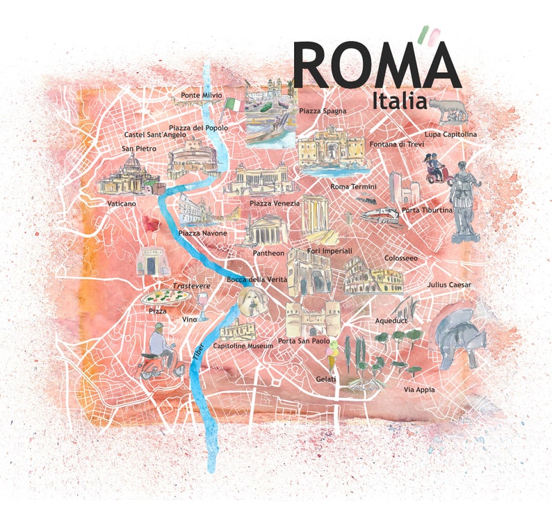 Rome Italy Illustrated Map With Landmarks Main Roads and - Etsy