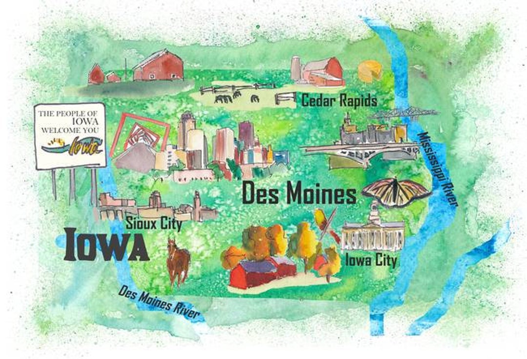 USA Iowa State Illustrated Travel Poster Map With Touristic Highlights ...