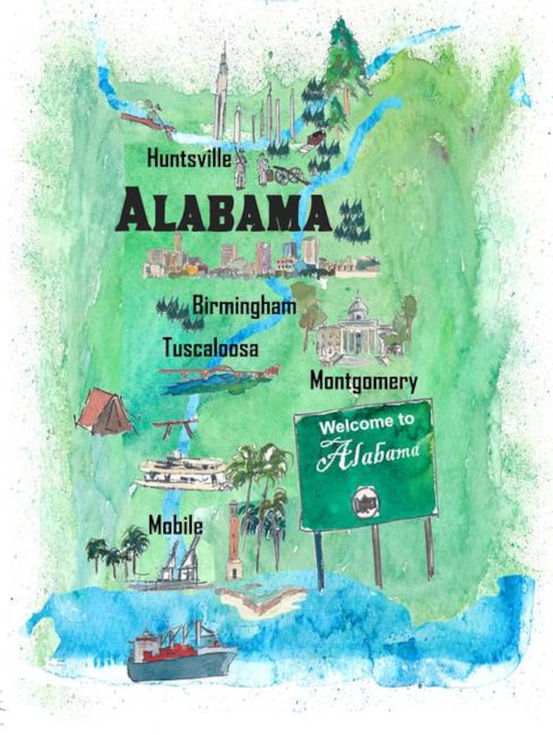 USA Alabama State Travel Poster Mappa con attrazioni turistiche - Etsy ...