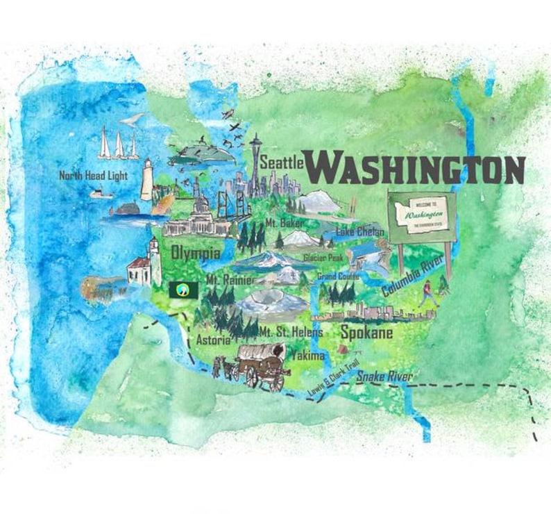 USA Washington State Travel Poster Illustrated Art Map - Fine Art Print ...