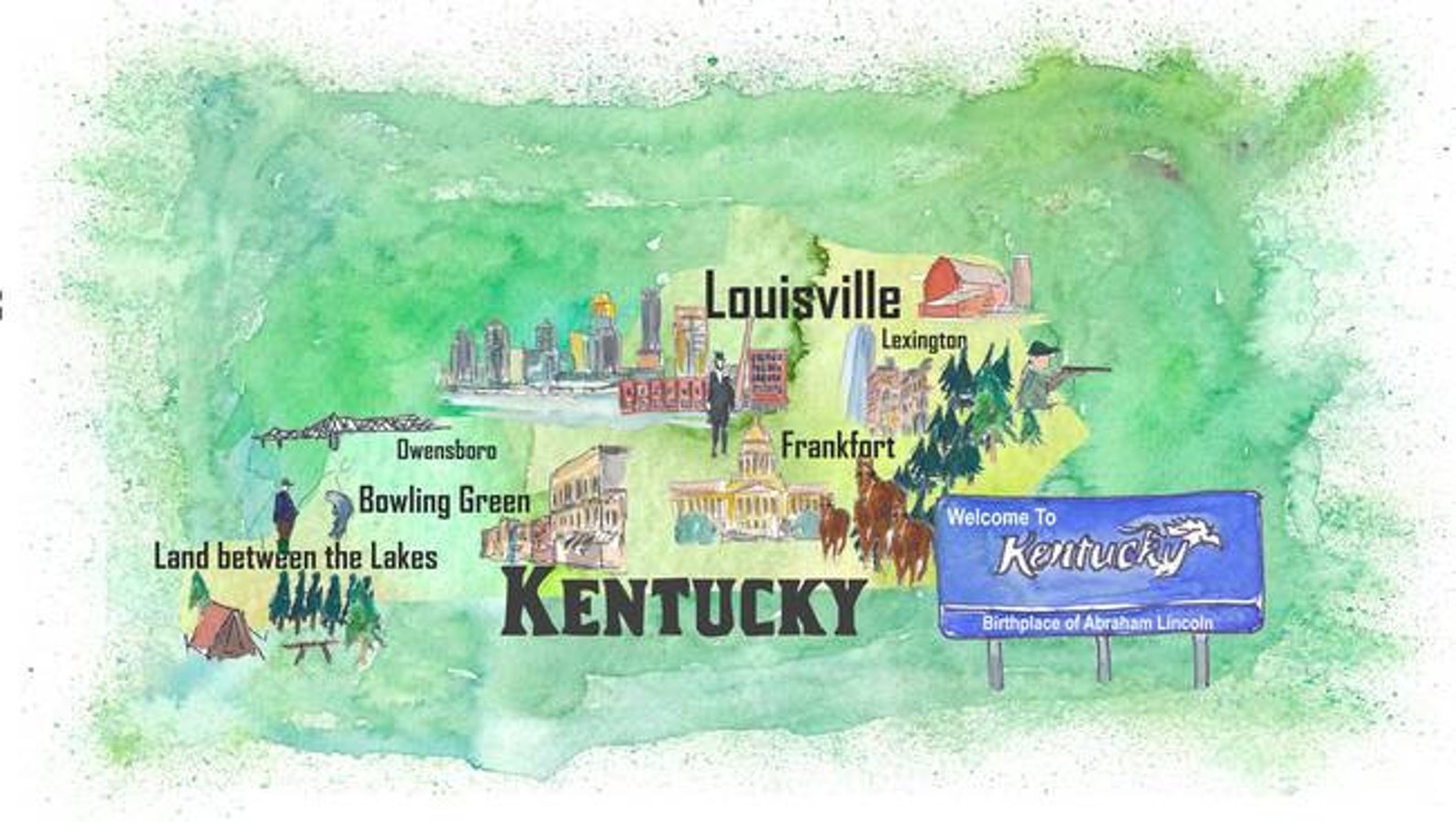 USA Kentucky State Illustrated Travel Poster Map with | Etsy
