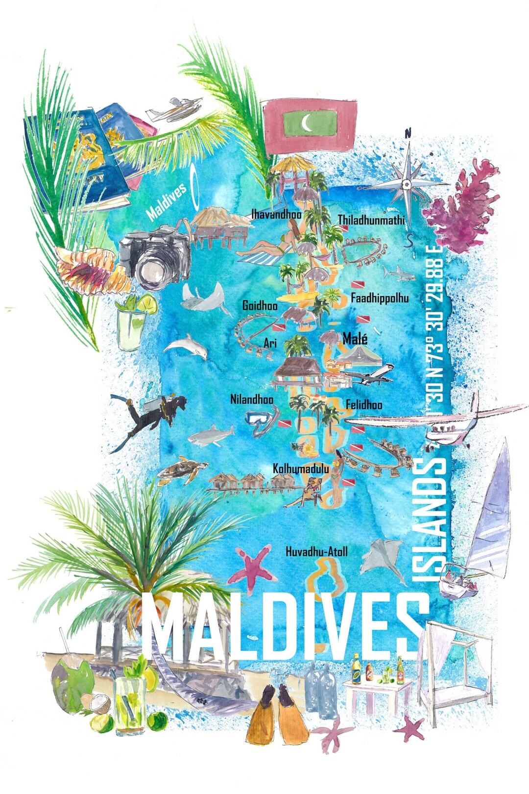 Maldives Islands Illustrated Travel Map With Vacations Dreams and ...