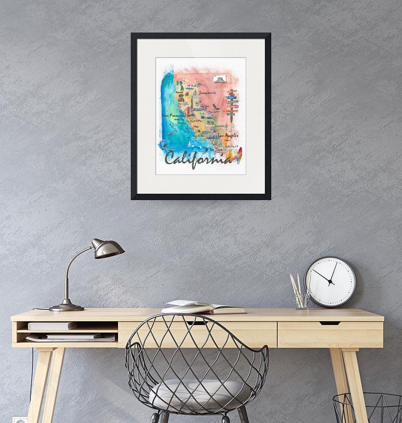 California Illustrated Map With Tourist Highlights and Roads 2nd ...
