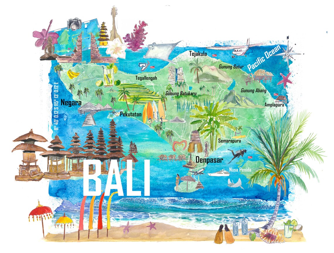 Bali Map Print – Illustrated Island Travel Memory Gift for Bali Lovers ...