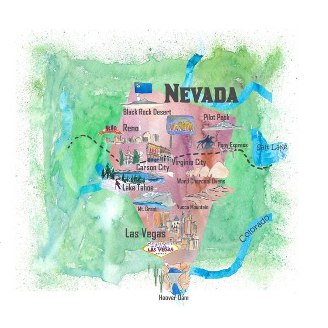 USA Nevada State Travel Poster Illustrated Art Map - Fine Art Print - Etsy