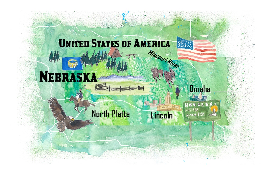 Mapa ilustrado de viajes del estado de EE. UU. de Nebraska con puntos ...