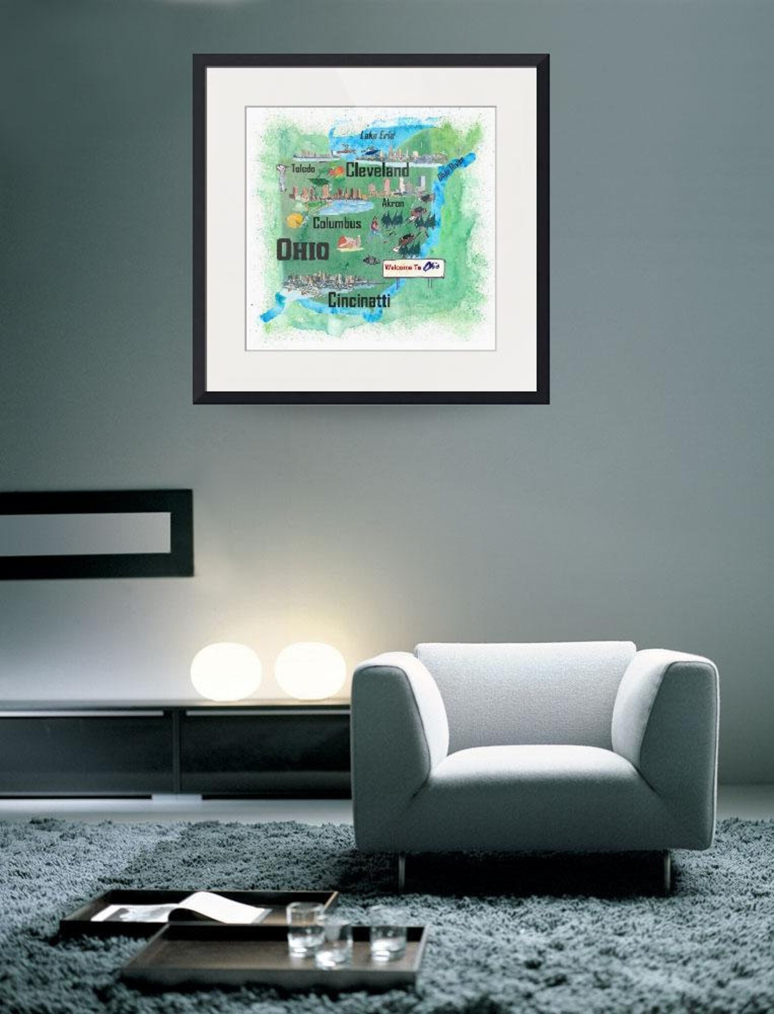 USA Ohio State Illustrated Travel Poster Map With Touristic Highlights ...