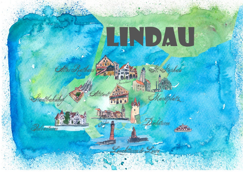 Lindau Favorite Map With Touristic Top Ten Highlights - Fine Art Print ...