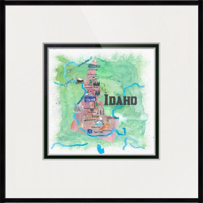 USA Idaho State Travel Poster Illustrated Art Map - Fine Art Print - Etsy