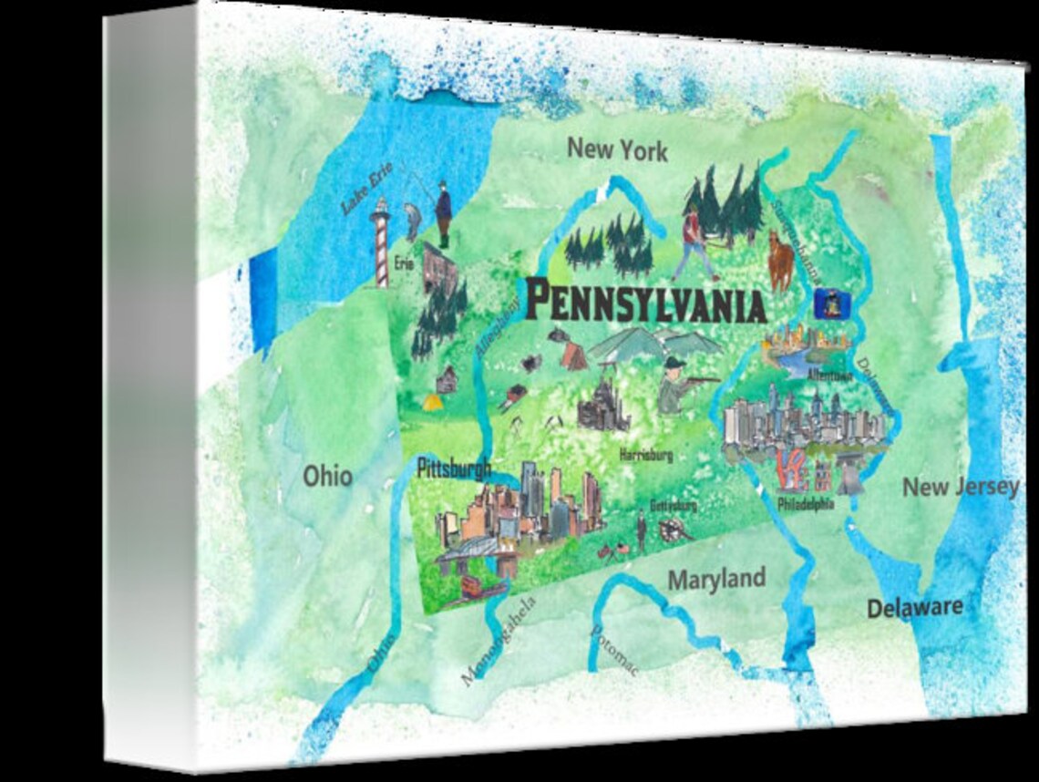 USA Pennsylvania Illustrated State Travel Poster Map with | Etsy