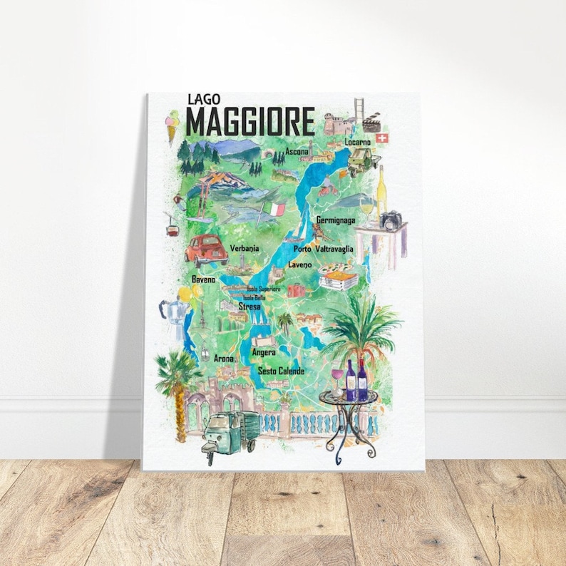 Lago Maggiore Illustrated Travel Map With Roads and Highlights in Italy ...