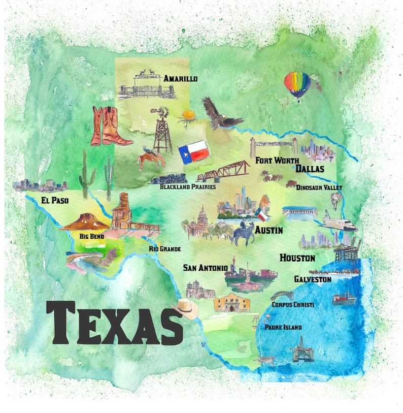 USA Texas State Travel Poster Map with Tourist Highlights | Etsy