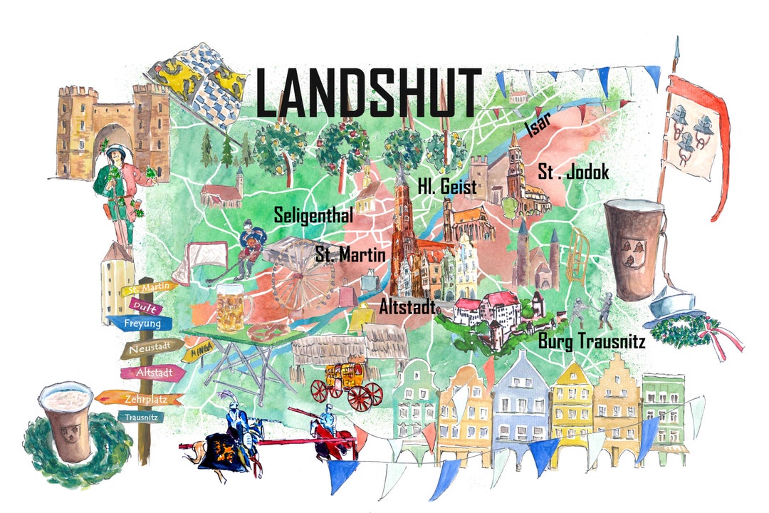 Landshut Illustrated Favorite Map With Roads and Touristic Highlights ...