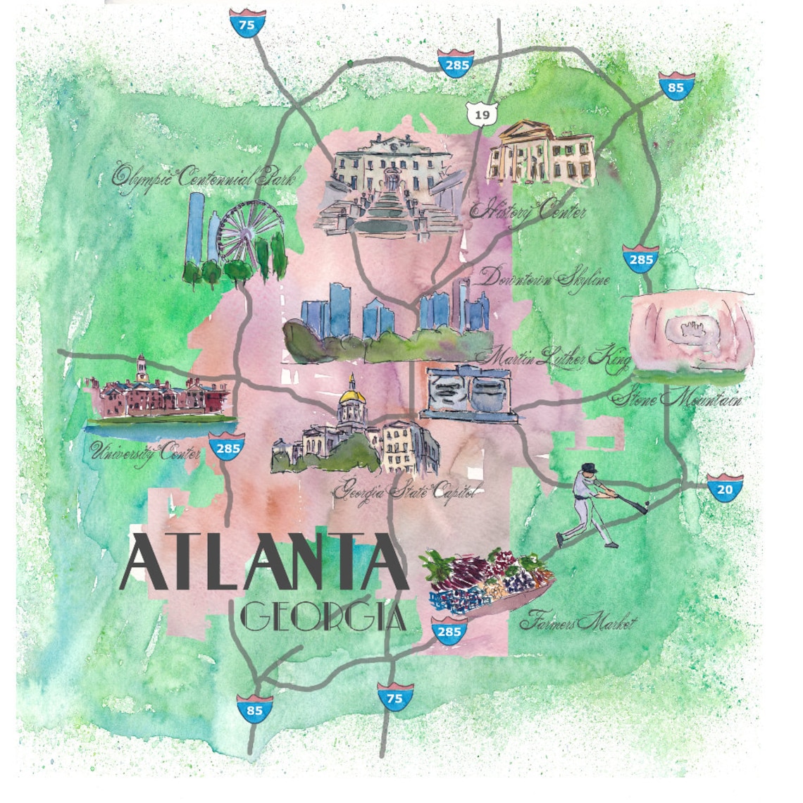 Atlanta Favorite Map With Touristic Top Ten Highlights in - Etsy