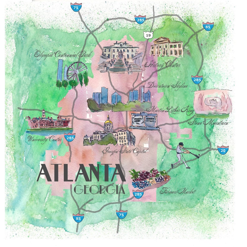 Atlanta Favorite Map With Touristic Top Ten Highlights in | Etsy