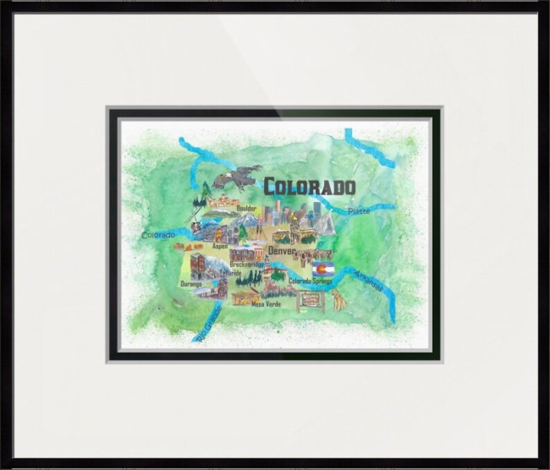 USA Colorado State Travel Poster Illustrated Art Map Fine - Etsy