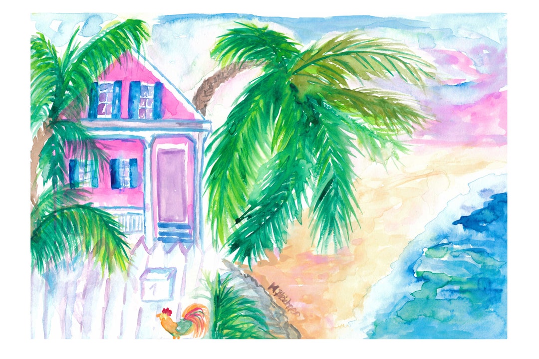 Key West Conch House and Beach With Rooster - Limited Edition Fine Art ...