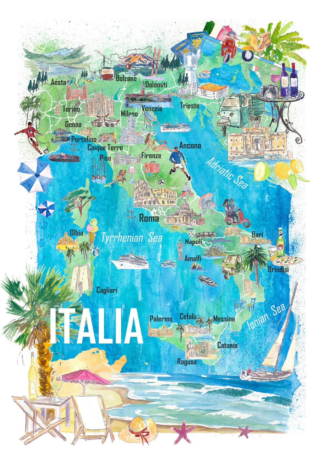 Italy Illustrated Travel Map Mediterranean Adriatic Sicily Sardegna ...