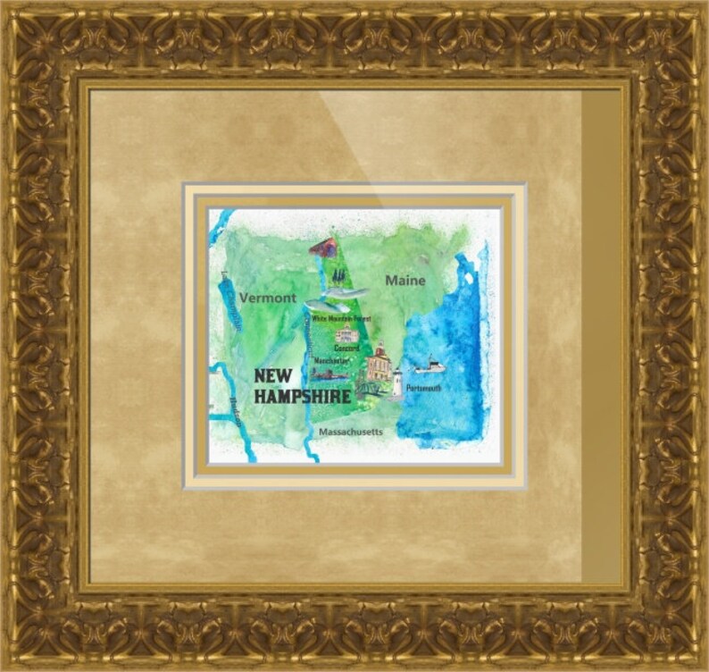 USA New Hampshire Illustrated State Travel Poster Map With - Etsy