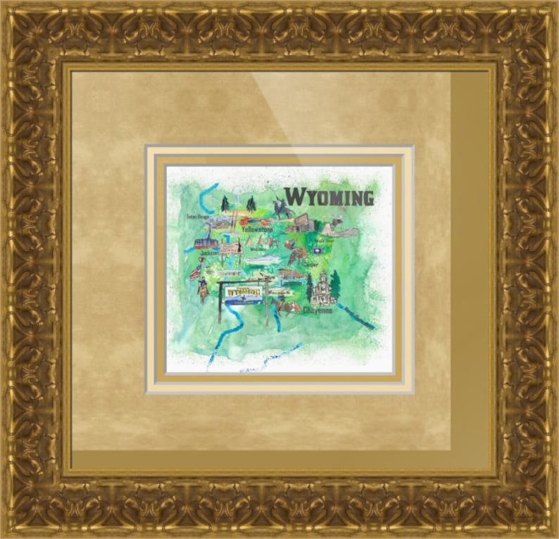 USA Wyoming State Travel Poster Illustrated Art Map - Fine Art Print - Etsy
