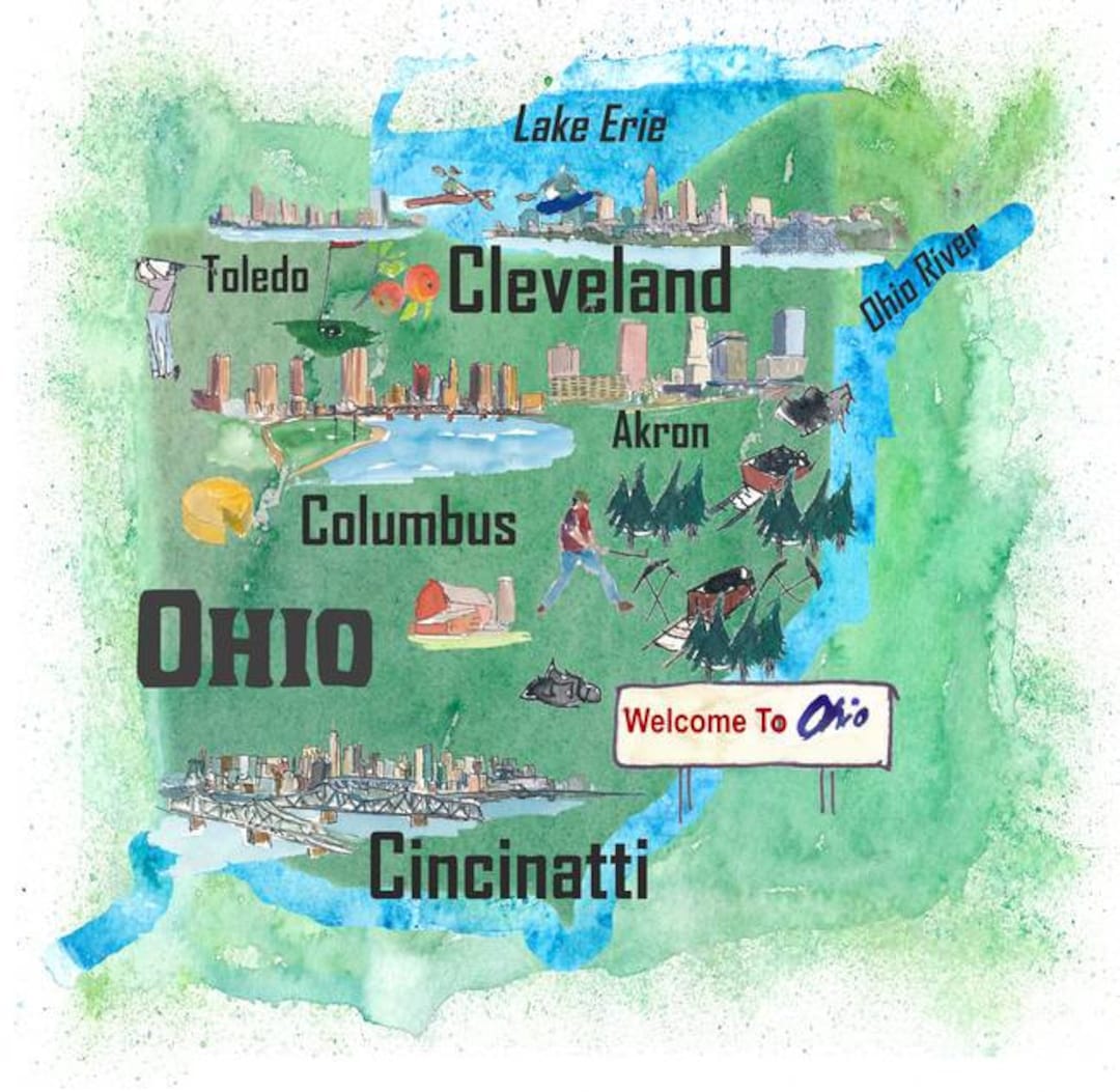 USA Ohio State Illustrated Travel Poster Map With Touristic Highlights ...