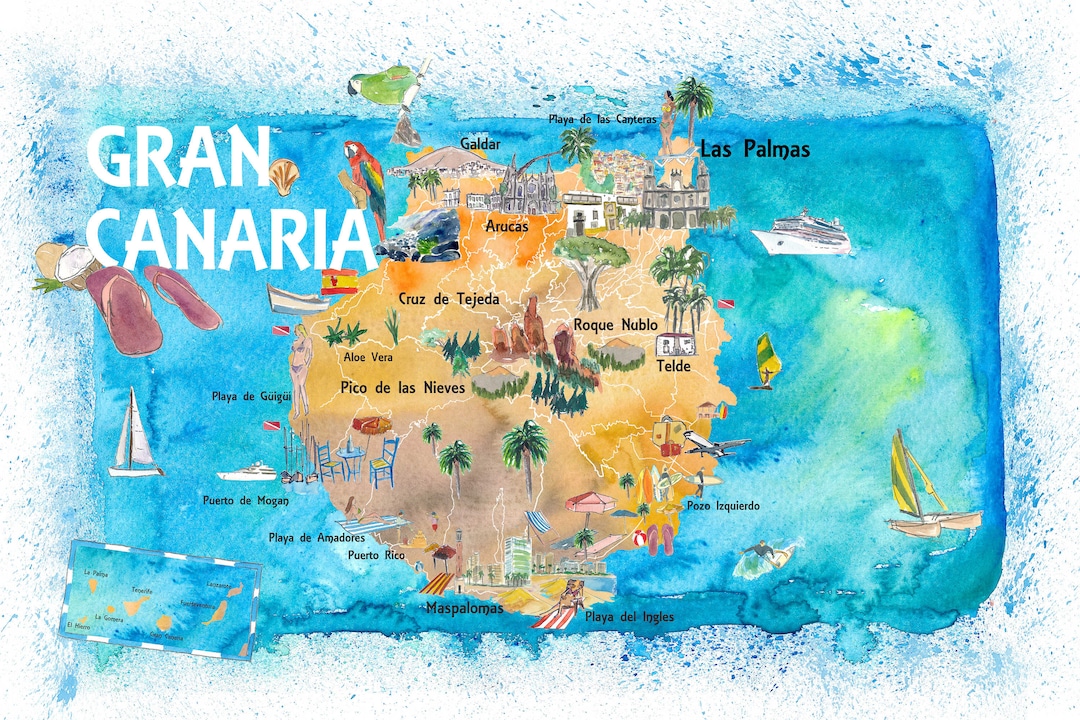 Gran Canaria Spain Illustrated Map With Landmarks and Highlights - Fine ...