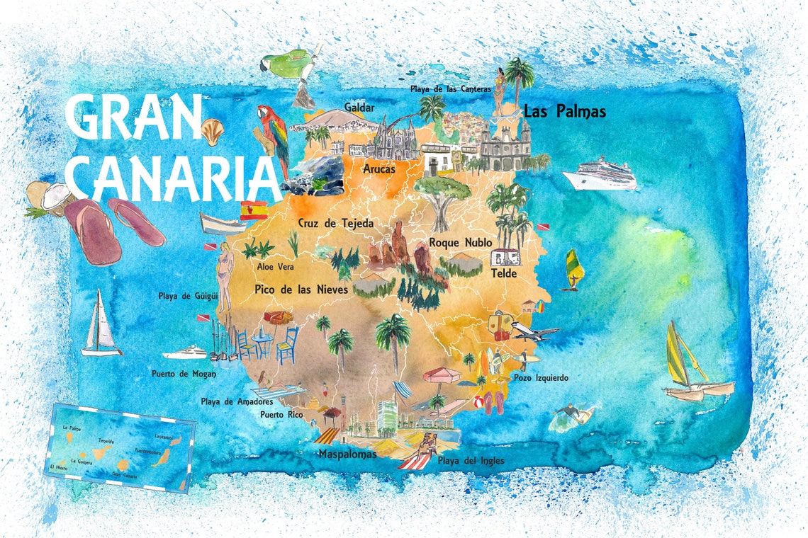 Gran Canaria Spain Illustrated Map With Landmarks and Highlights - Fine ...