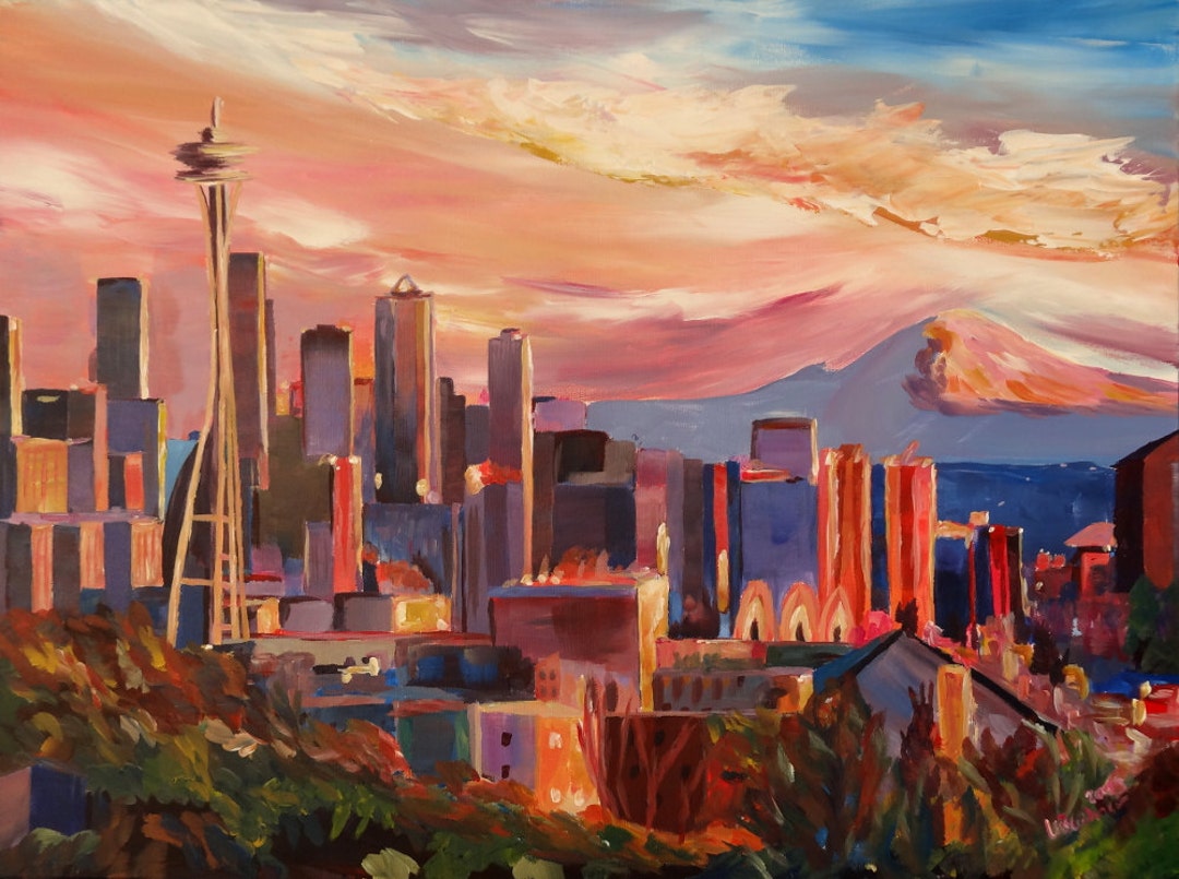 Seattle Skyline With Space Needle and Mt Rainier Painting - Fine Art ...