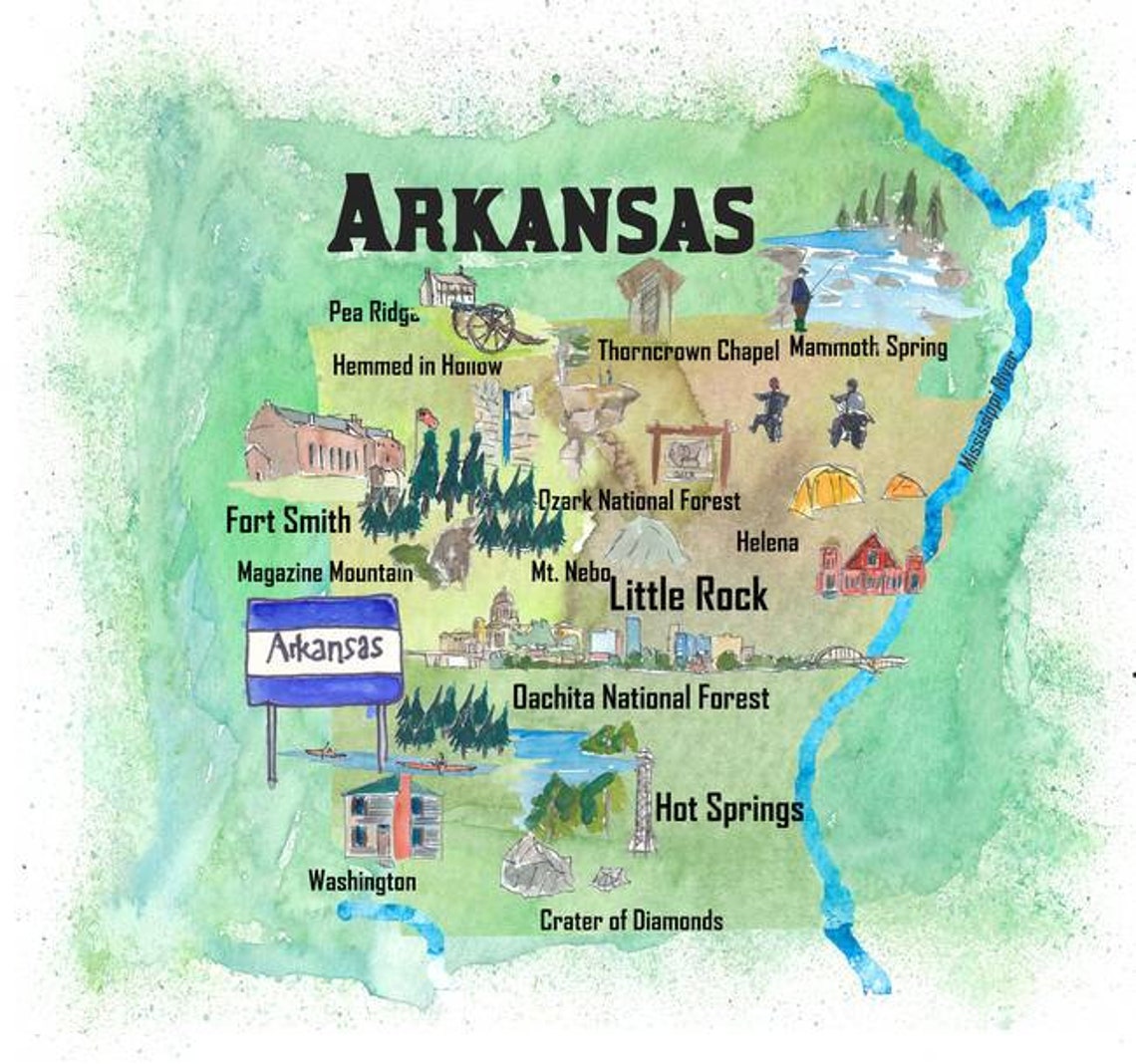 USA Arkansas State Travel Poster Map with Tourist Highlights | Etsy
