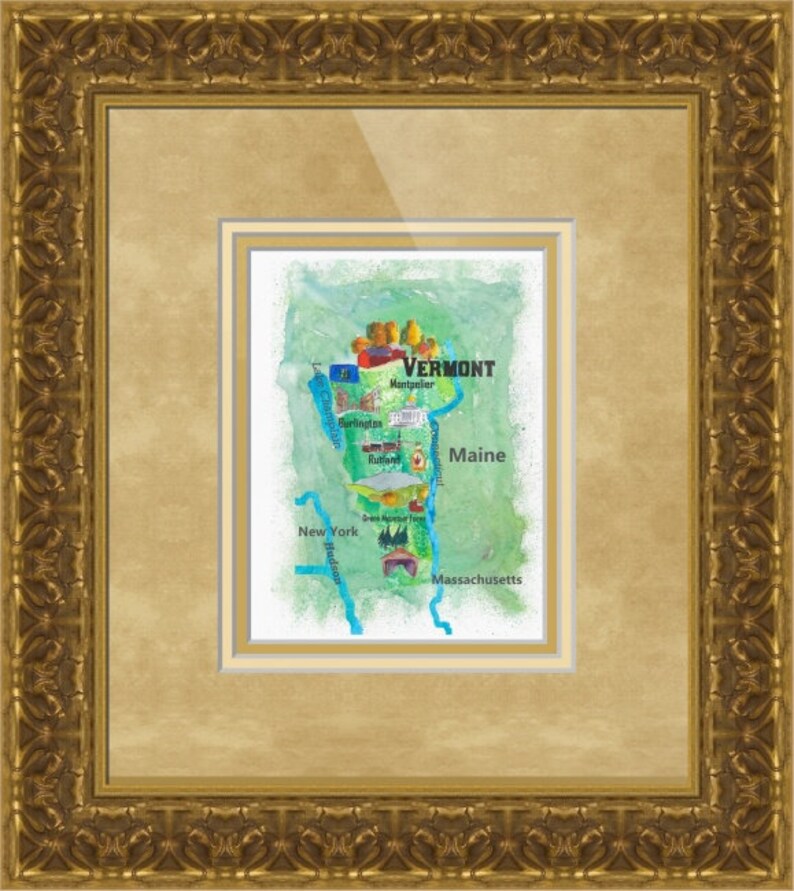 USA Vermont State Illustrated Travel Poster Map With Touristic - Etsy