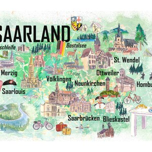Saarland Germany Illustrated Travel Map With Roads and Tourist ...