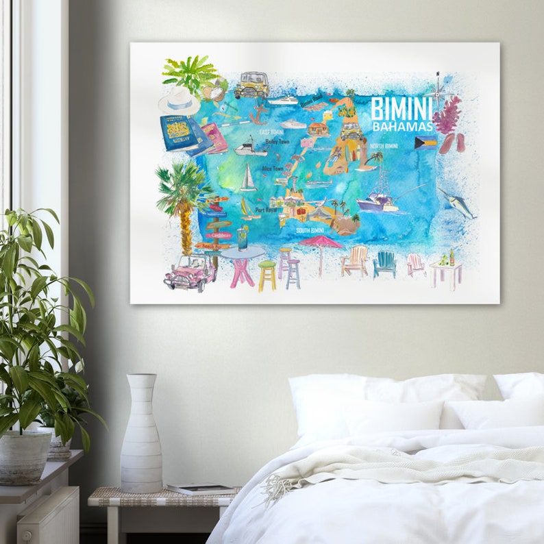 Bimini Bahamas Illustrated Map With Island Tourist Highlights - Fine ...