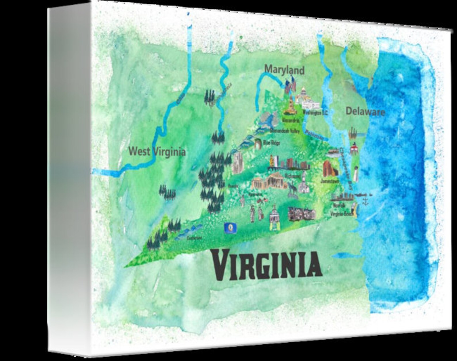 USA Virginia State Illustrated Travel Poster Map With Touristic ...