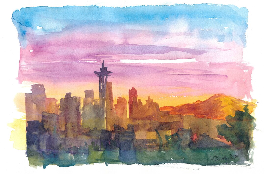 Seattle Washington Skyline in Golden Sunset Mood - Original Painting ...