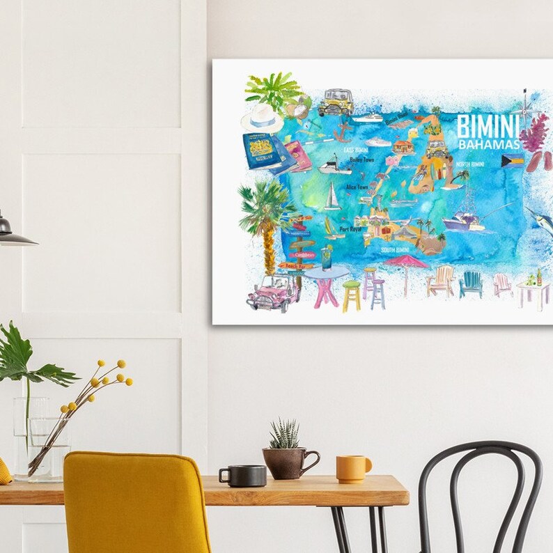 Bimini Bahamas Illustrated Map With Island Tourist Highlights - Fine ...