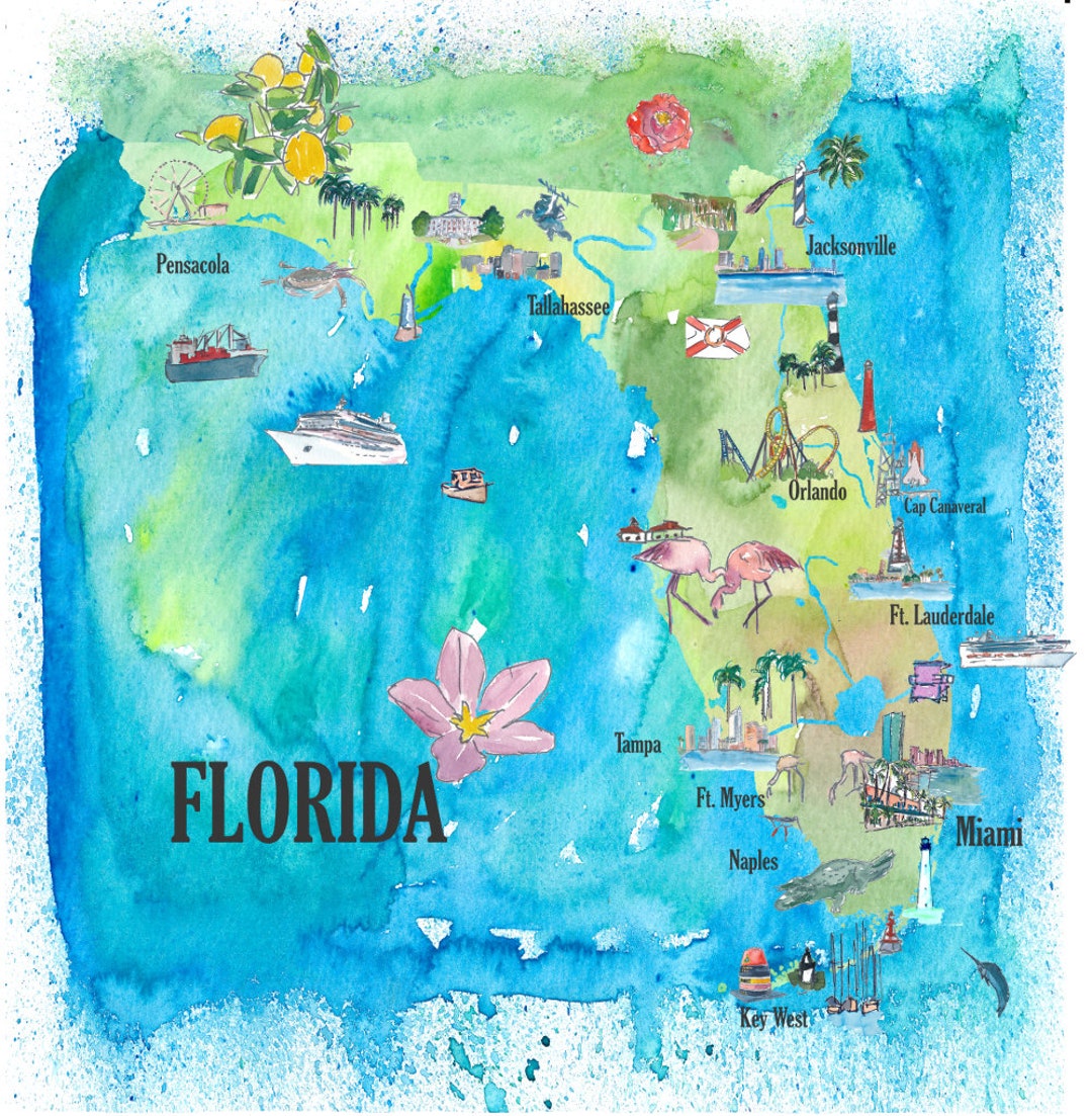 USA Florida State Illustrated Fine Art Print Retro Vintage Map With ...