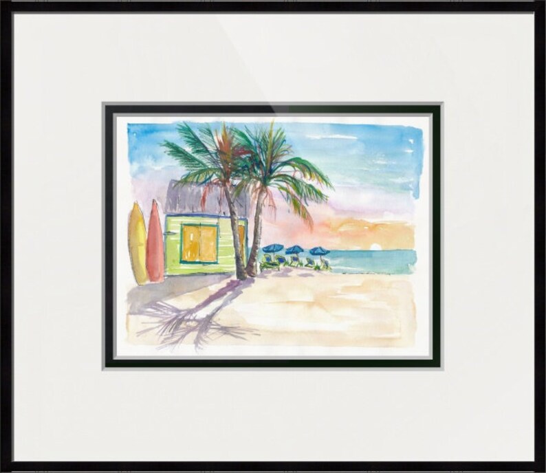 Caribbean Surf Beach Bar Boards and Sunset - Original Painting & Print ...