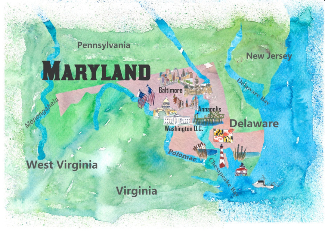 USA Maryland State Illustrated Travel Poster Map With Touristic ...