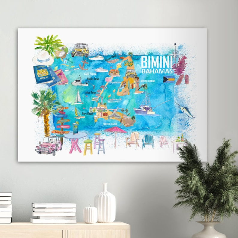 Bimini Bahamas Illustrated Map With Island Tourist Highlights - Fine ...