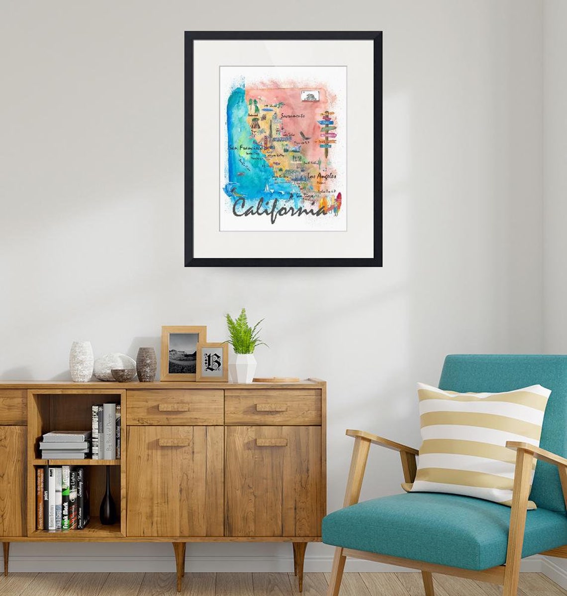 California Illustrated Map With Tourist Highlights and Roads | Etsy