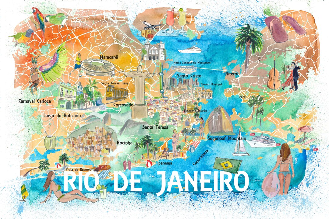 Rio De Janeiro Illustrated Map With Main Roads Landmarks and Highlights ...