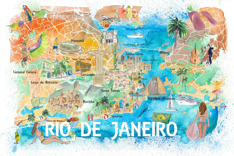Rio de Janeiro Illustrated Map with Main Roads Landmarks and | Etsy