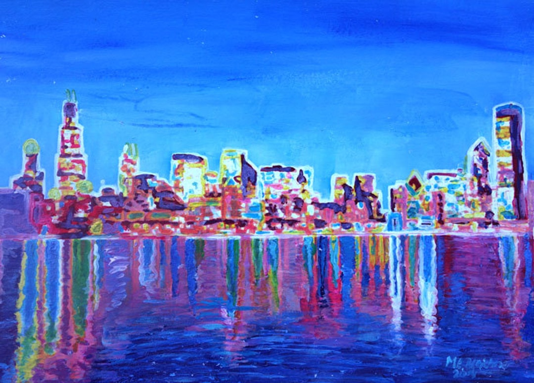 Neon Shimmering Skyline of Chicago Skyline at Night - Etsy